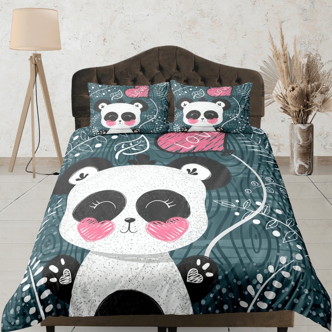 Teal Panda Love Duvet Cover Set, Cute Animal Dorm Bedding, Custom Size ...