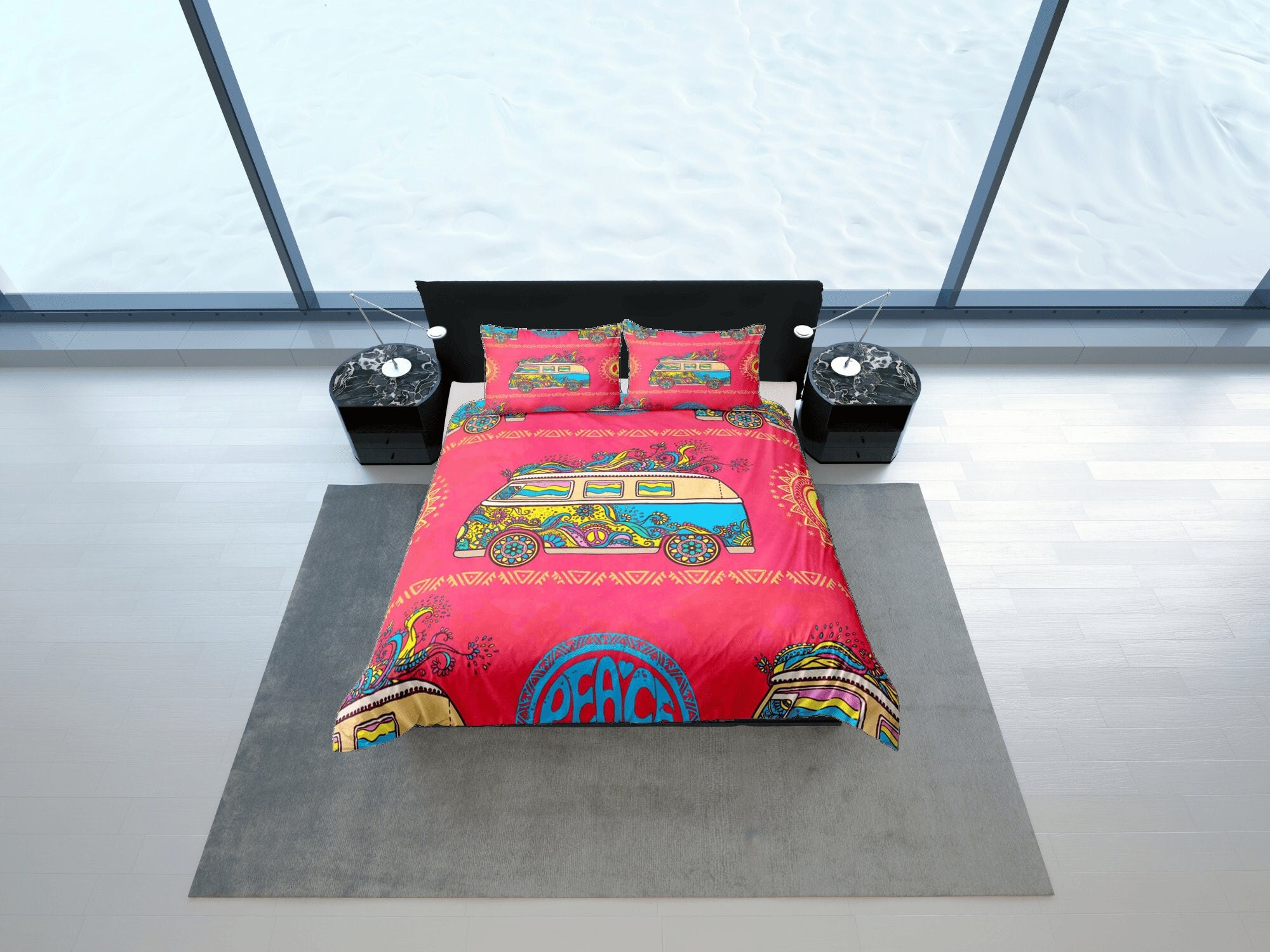Hippie Duvet Cover Set, Peace Sign Quilt Cover, Camper Van Bedding, 70s ...