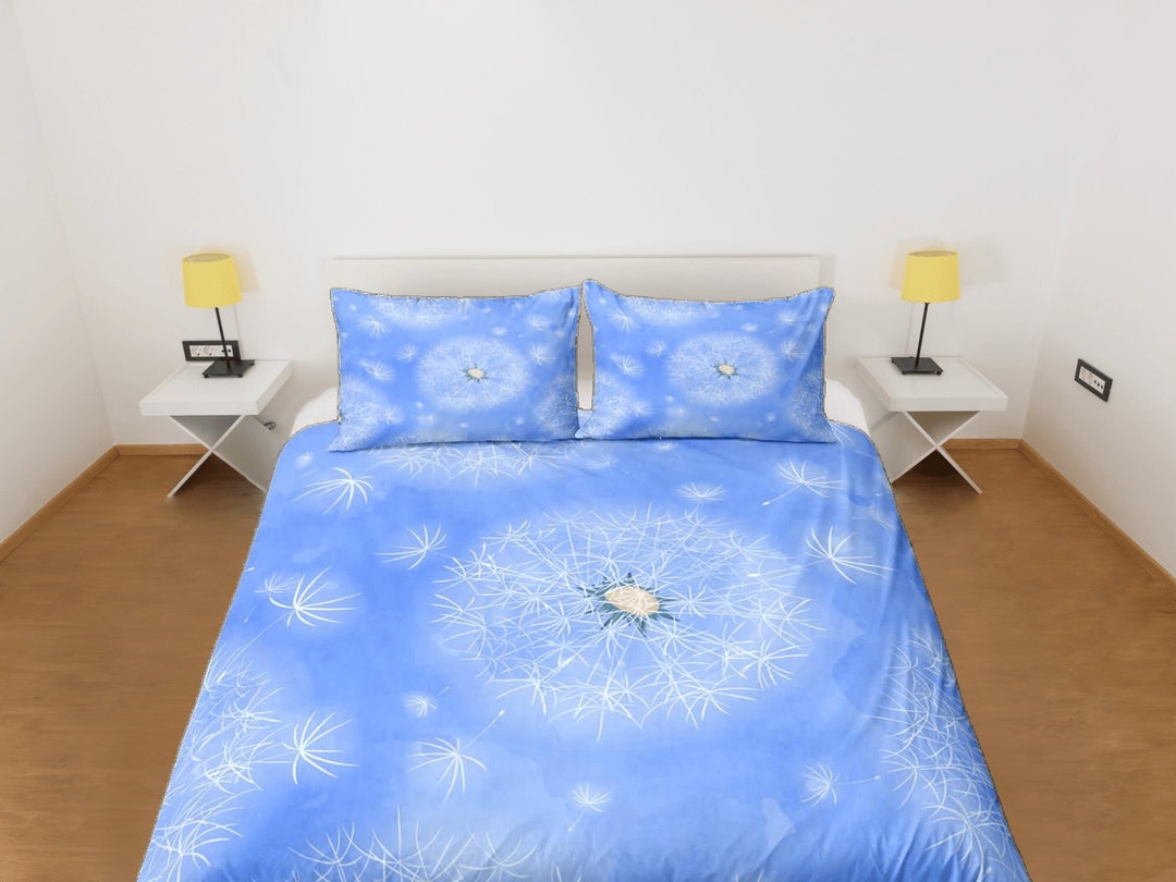 Elegant Blue Dandelion Print Bedding Set, Soft Blue Duvet Cover Set ...