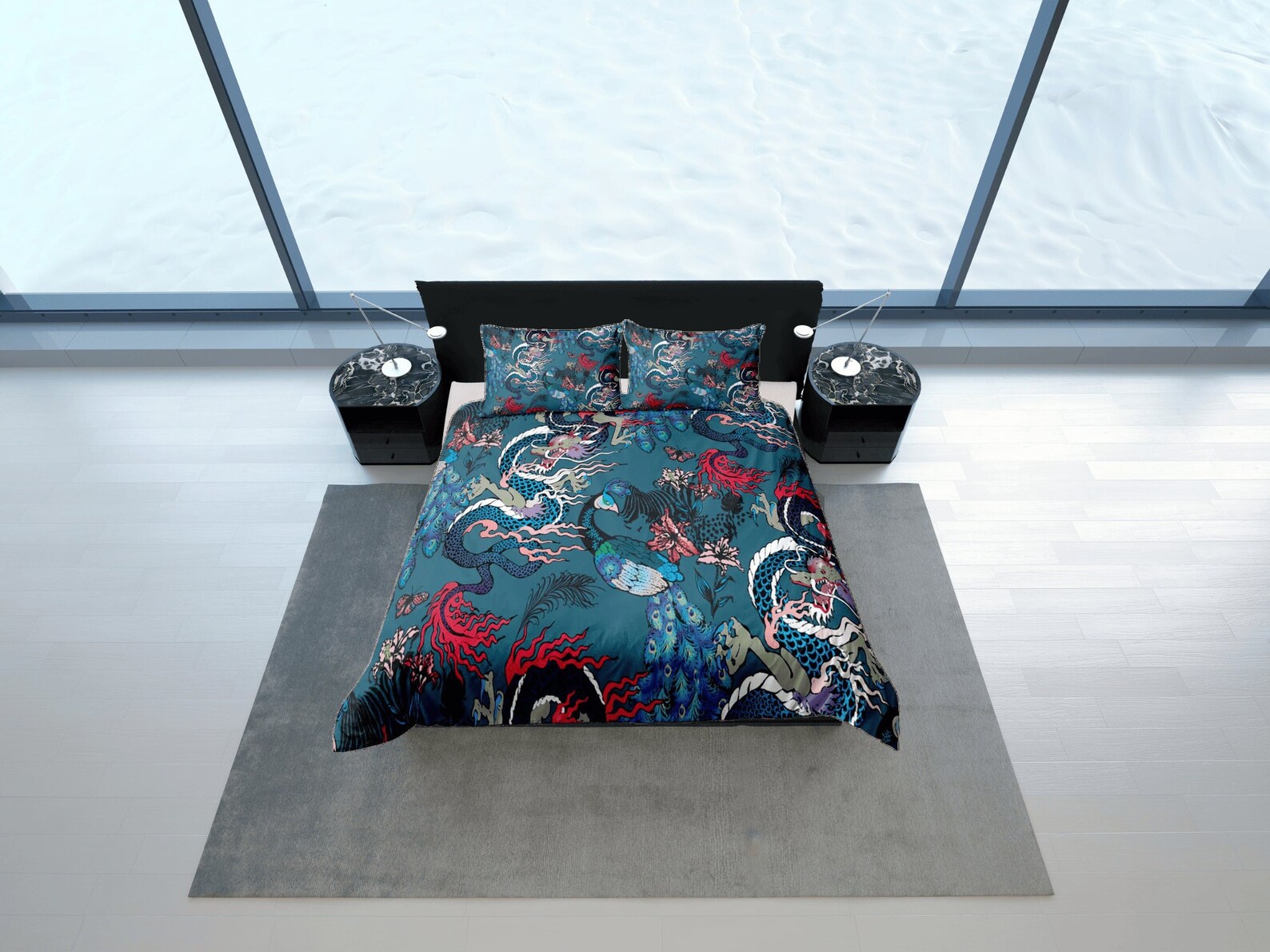 Peacock and Dragon Print Duvet Cover Set, Custom Bohemian Bedding, Dark ...