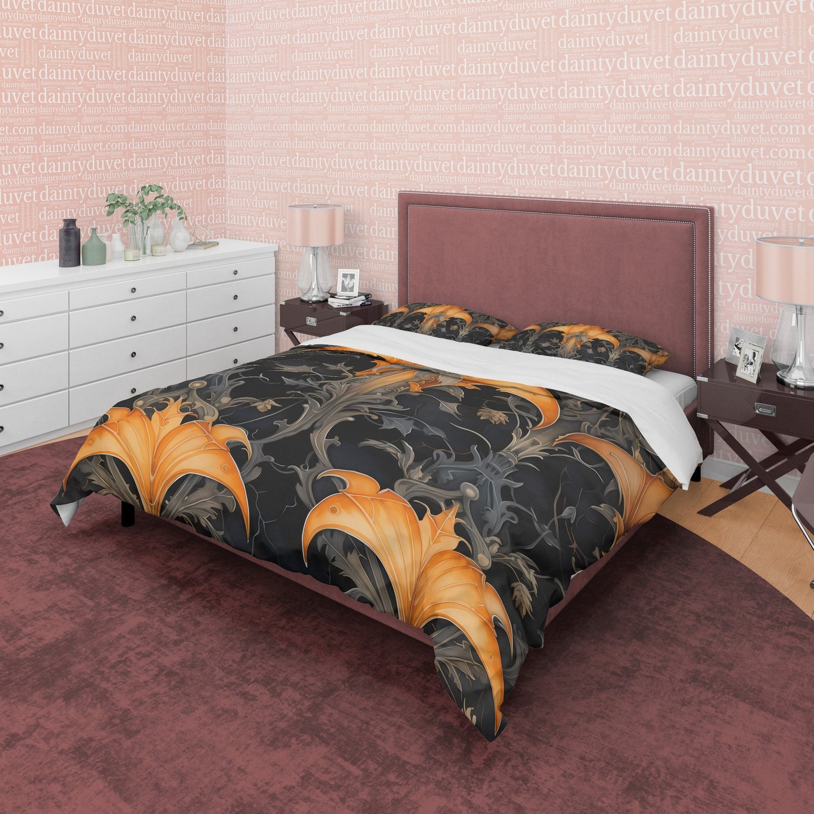 Gothic Bat Wing Pattern Duvet Set, Elegant Bedroom Set, Black and ...