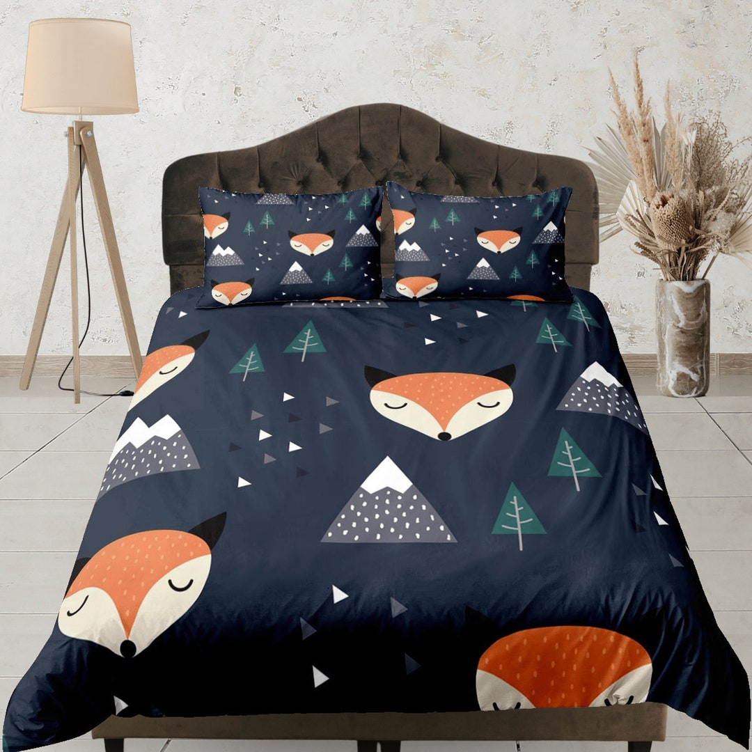 Nordic Fox Duvet Cover Set, Navy Blue Kids Bedroom Set, Any Size Dorm ...