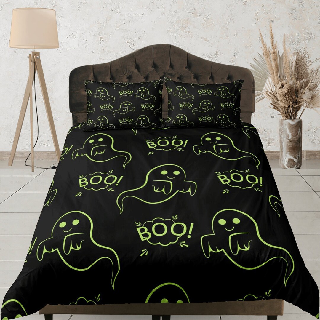 Neon Ghost Print Duvet Cover Set, Custom Size Bedding, Halloween Quilt ...