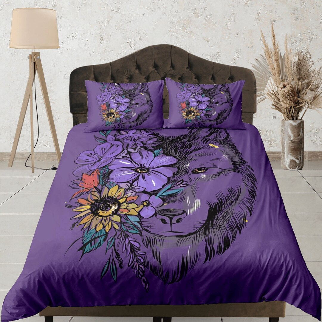 Wolf Duvet Cover, Floral Wolf Bedding Set, Purple Bedspread, Animal ...