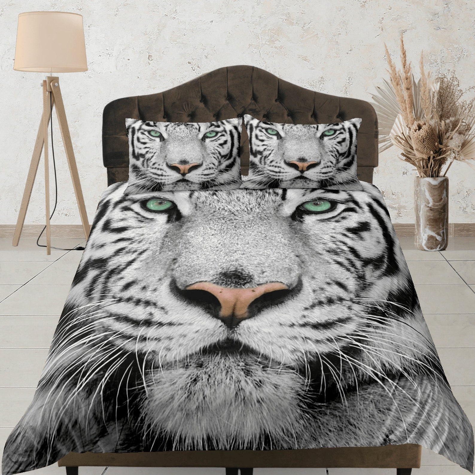 White Tiger Print Bedding Set, Realistic Animal Print Duvet Cover Set ...