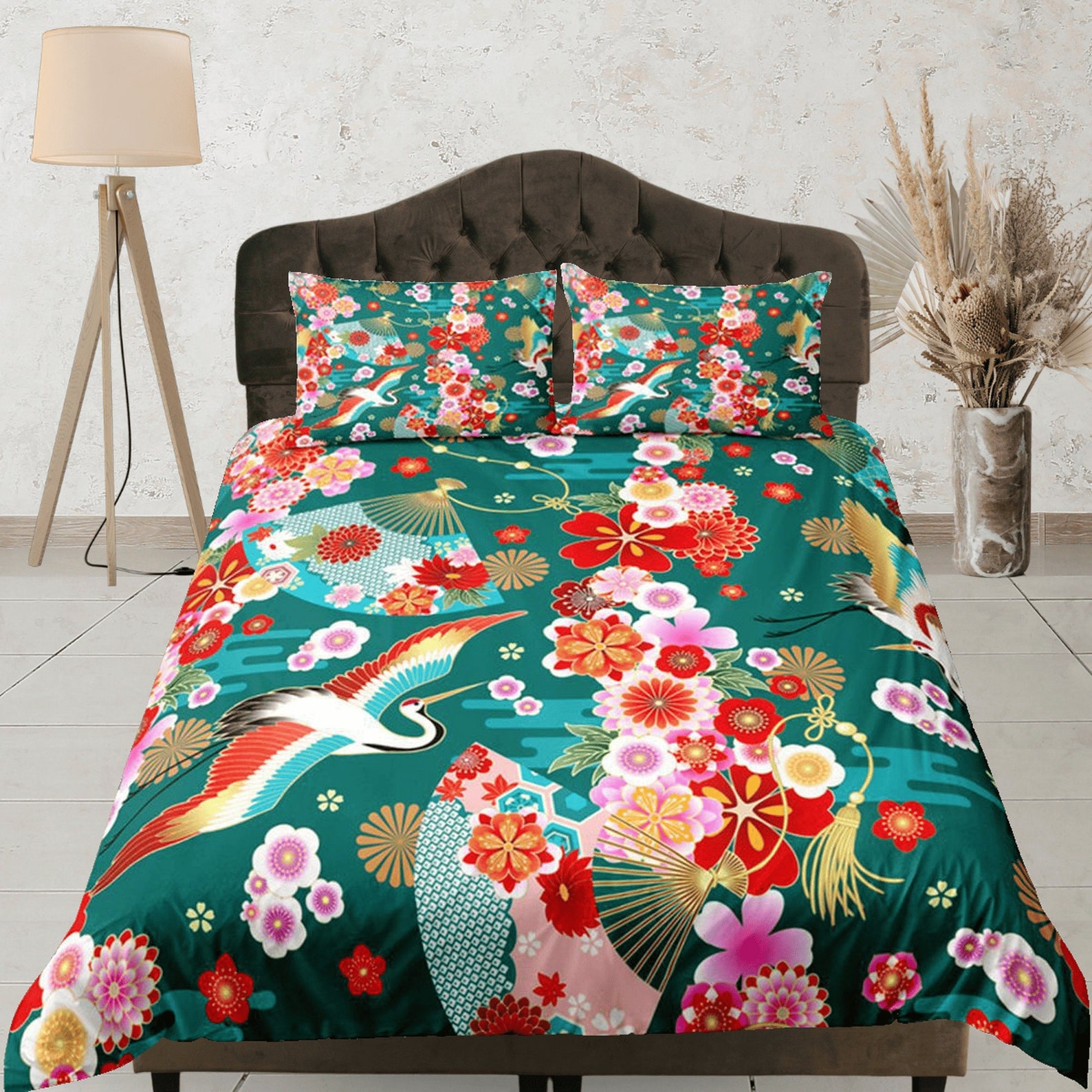 Japanese Duvet Cover, Floral Crane Bedding Set, Teal Bedspread, Asian ...