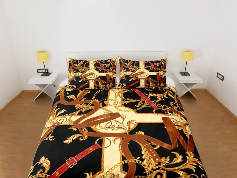 Baroque Style Bedding Set, Black and Gold Quilt Cover, Aesthetic Duvet ...
