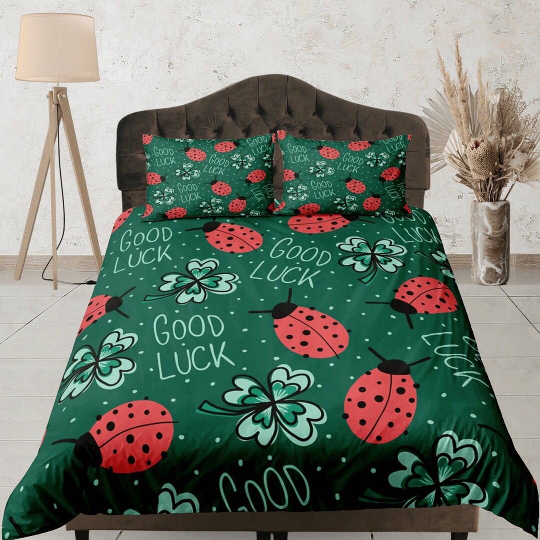Good Luck Ladybug Print Duvet Cover Set, Four Leaf Clover Quilt Cover ...