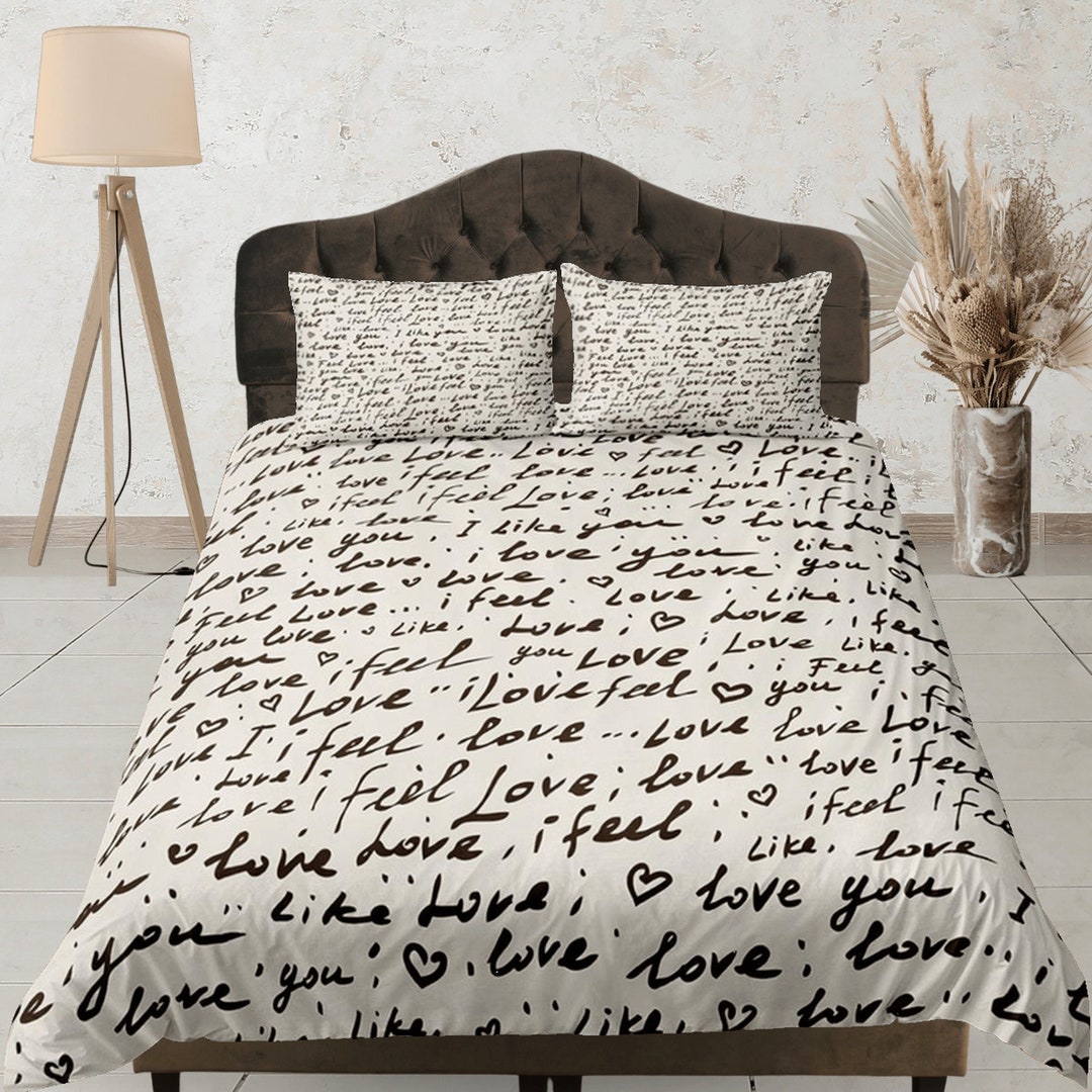 Romantic Script Duvet Cover Set, Love Letters Pattern, Black and White ...