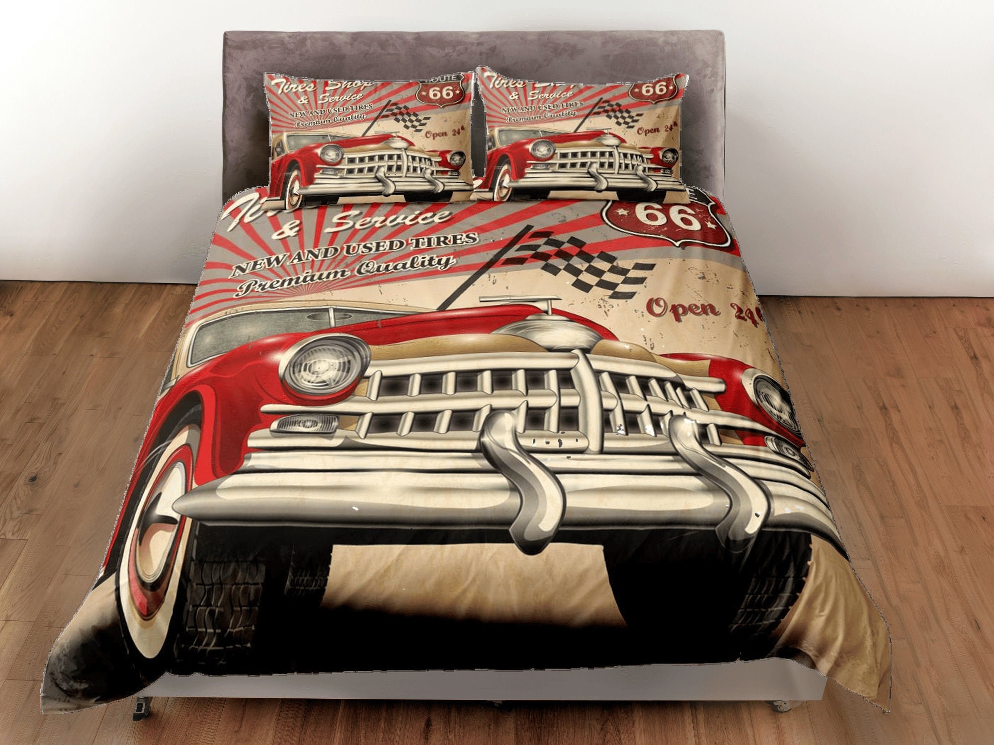 Vintage Car Duvet Cover, Custom Size, Retro Bedding, Route 66 Design ...