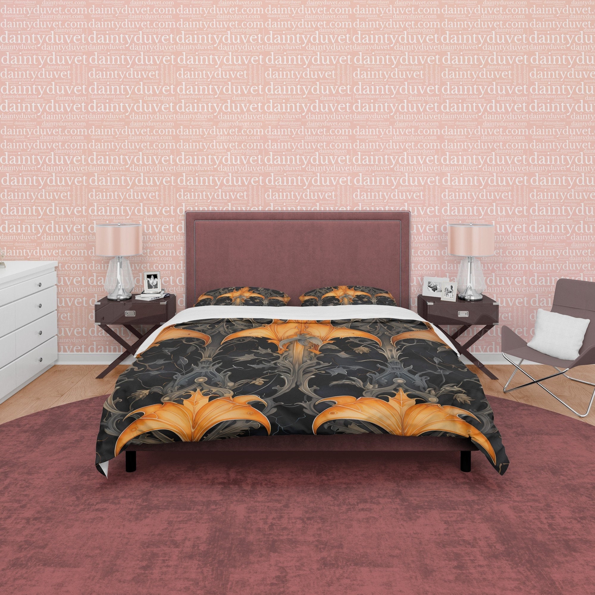 Gothic Bat Wing Pattern Duvet Set, Elegant Bedroom Set, Black and ...