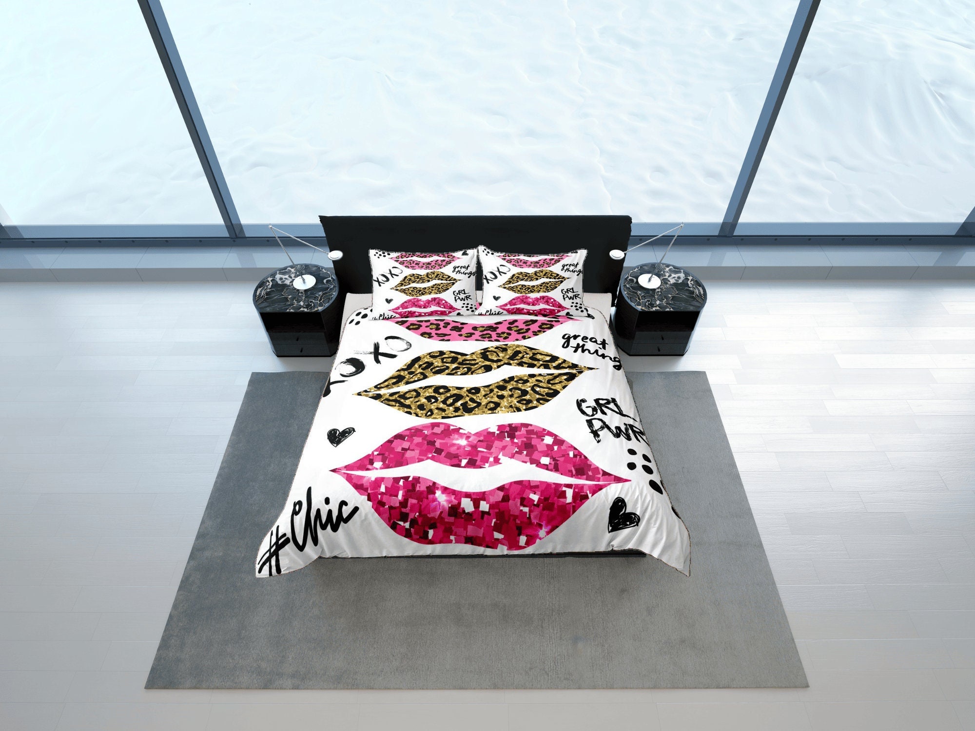 Chic Lips Print Bedspread, Custom Size Bedding Set, Zipper Duvet Cover ...