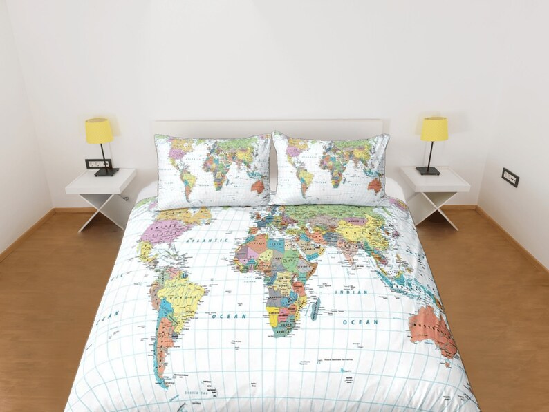 World Map Duvet Cover, Custom Size, Educational Bedding, Travel ...