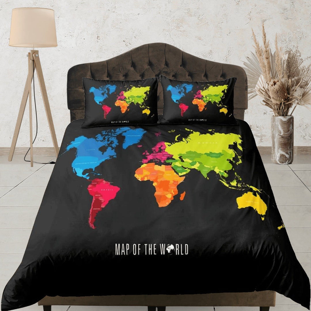 World Map Bedding Set, Black and Multicolor Duvet Cover Set, Travel ...