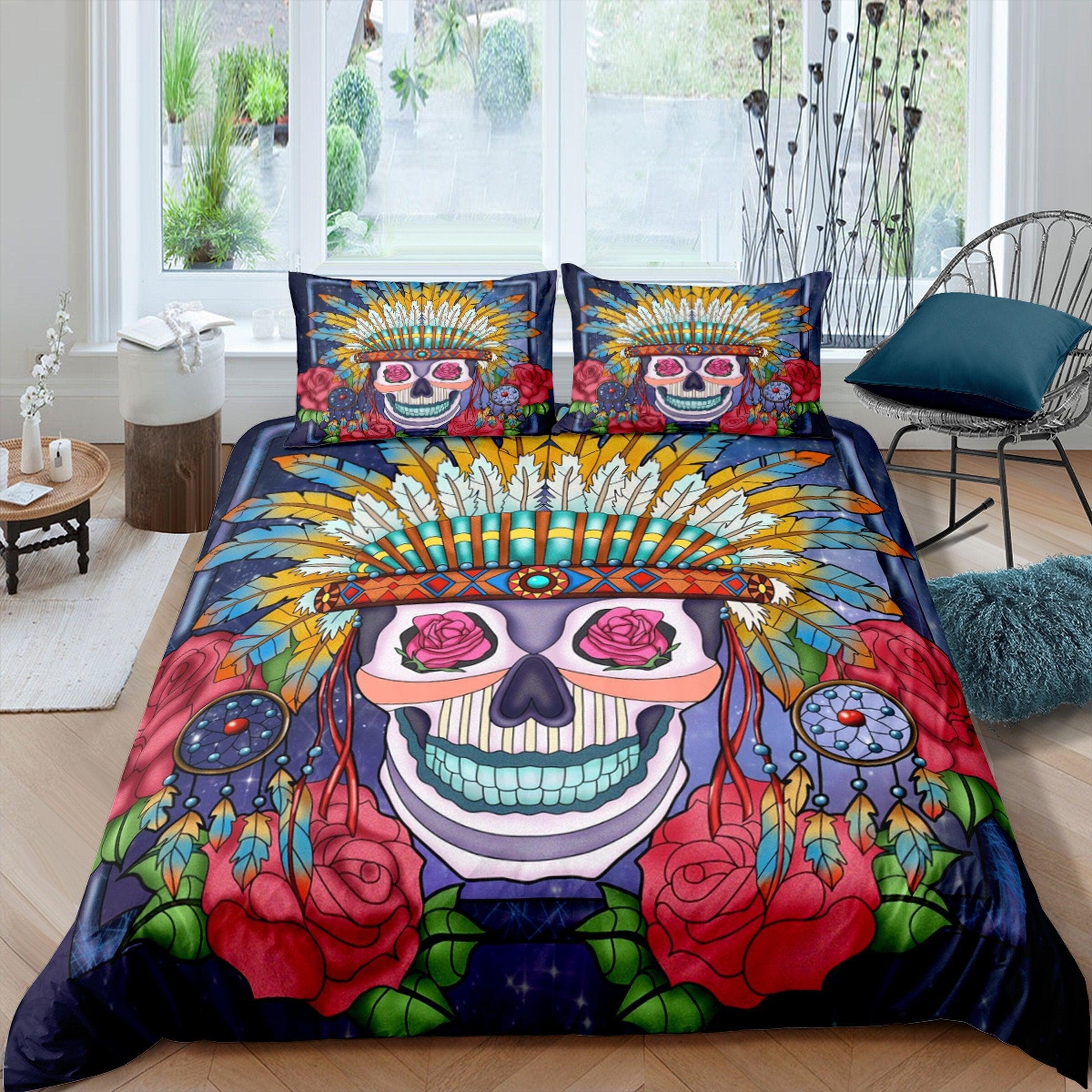 Colorful Sugar Skull Bedding Set Custom Size Bedroom Set Bohemian Duvet Cover Set Goth Dorm Bedding Quilt Cover Set Halloween Bedspread Etsy