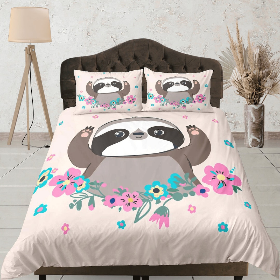 Adorable Sloth and Floral Print Duvet Cover Set, Soft Bedding Set, Cute ...