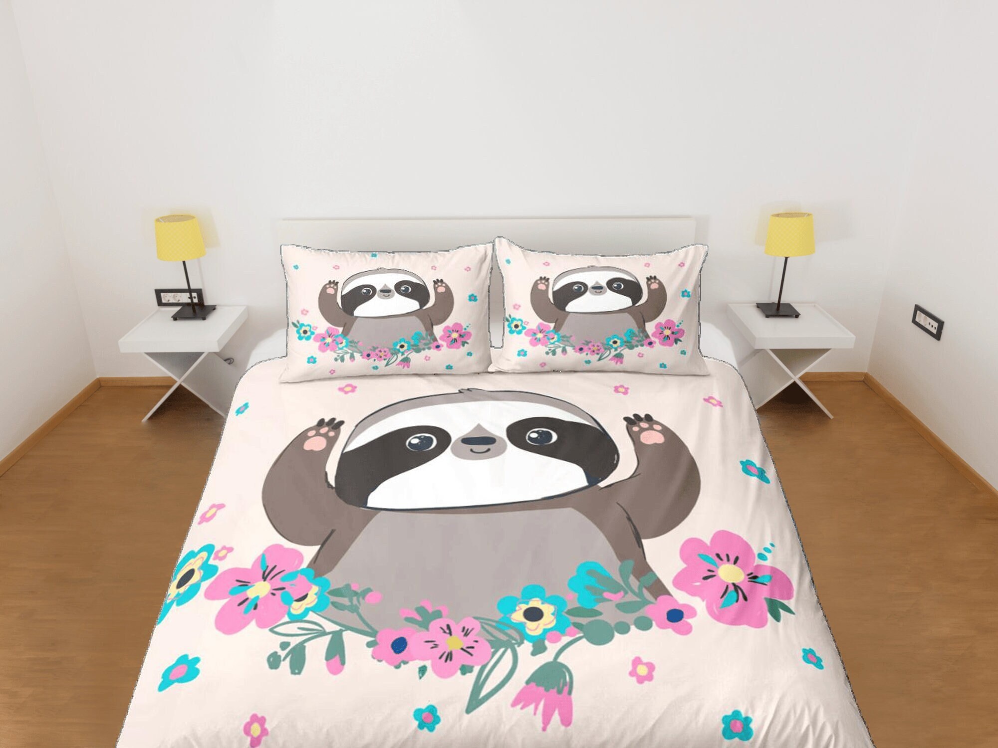 Adorable Sloth and Floral Print Duvet Cover Set, Soft Bedding Set, Cute ...