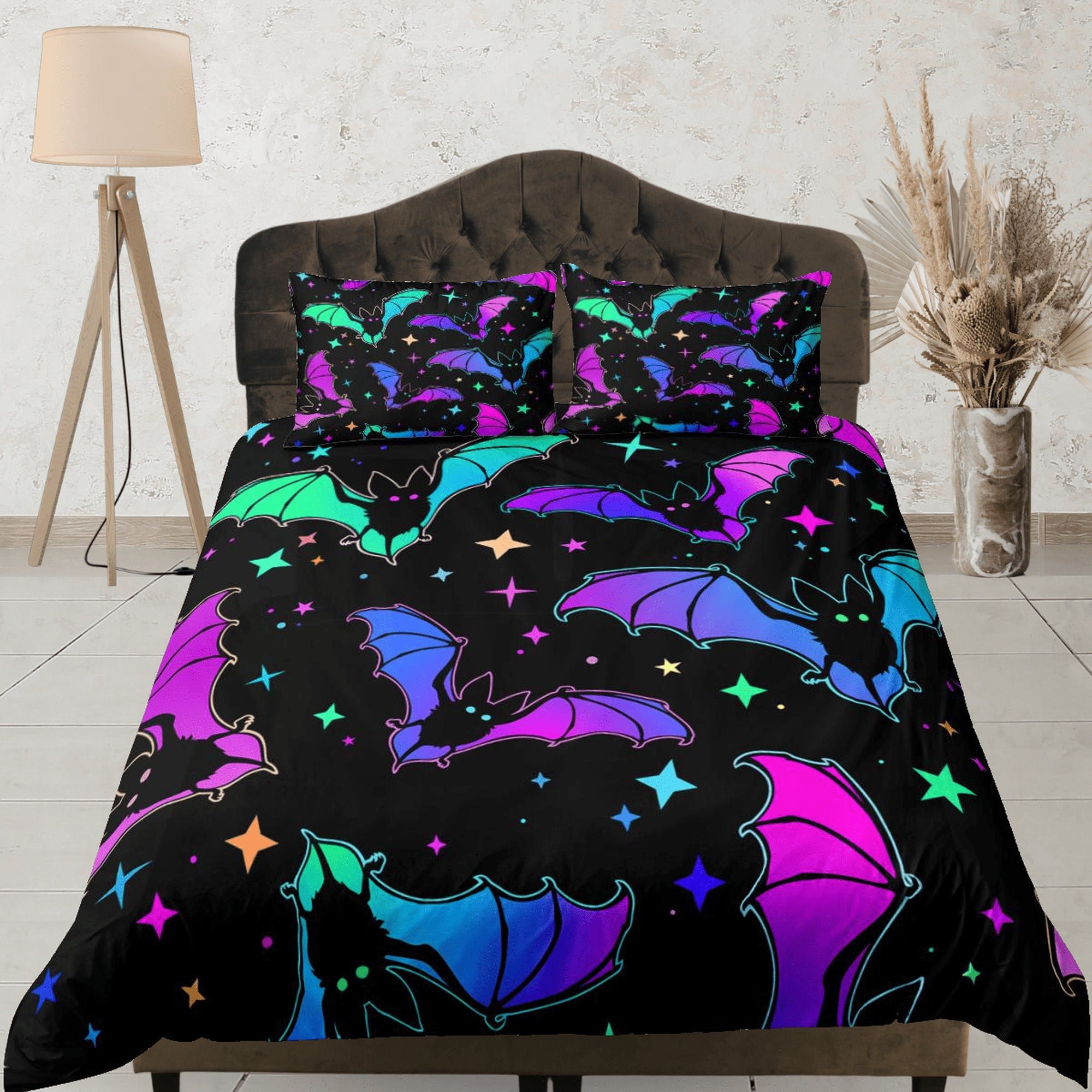 Neon Bats Duvet Cover Set, Gothic Halloween Bedroom Set, Trippy Bat ...