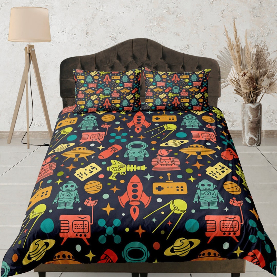 Space Themed Duvet Cover Set, Kids Bedroom Set, Rocket Ship Quilt Cover ...