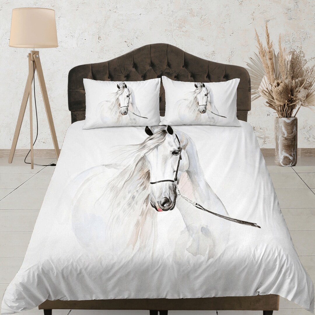 White Horse Duvet Cover Set, Animal Quilt Cover, Equestrian Lover Gift ...