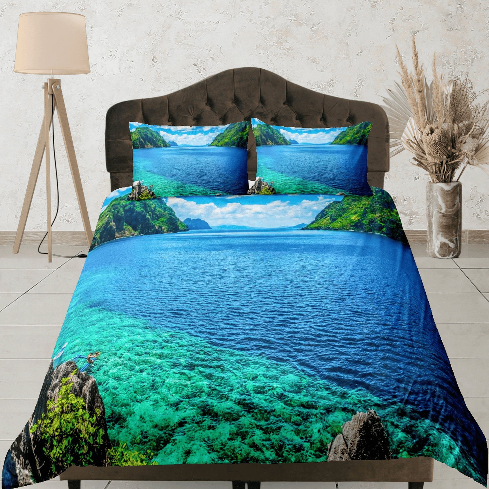 Tropical Island Bedding Set, Ocean View Dorm Bedding, Coastal Quilt ...