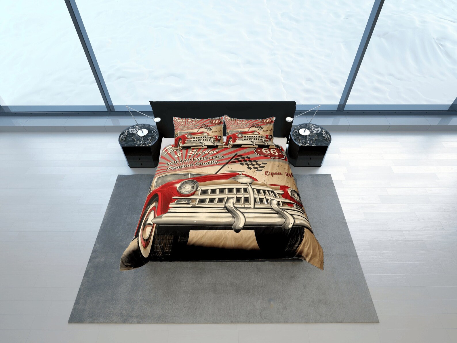 Vintage Car Duvet Cover, Custom Size, Retro Bedding, Route 66 Design ...