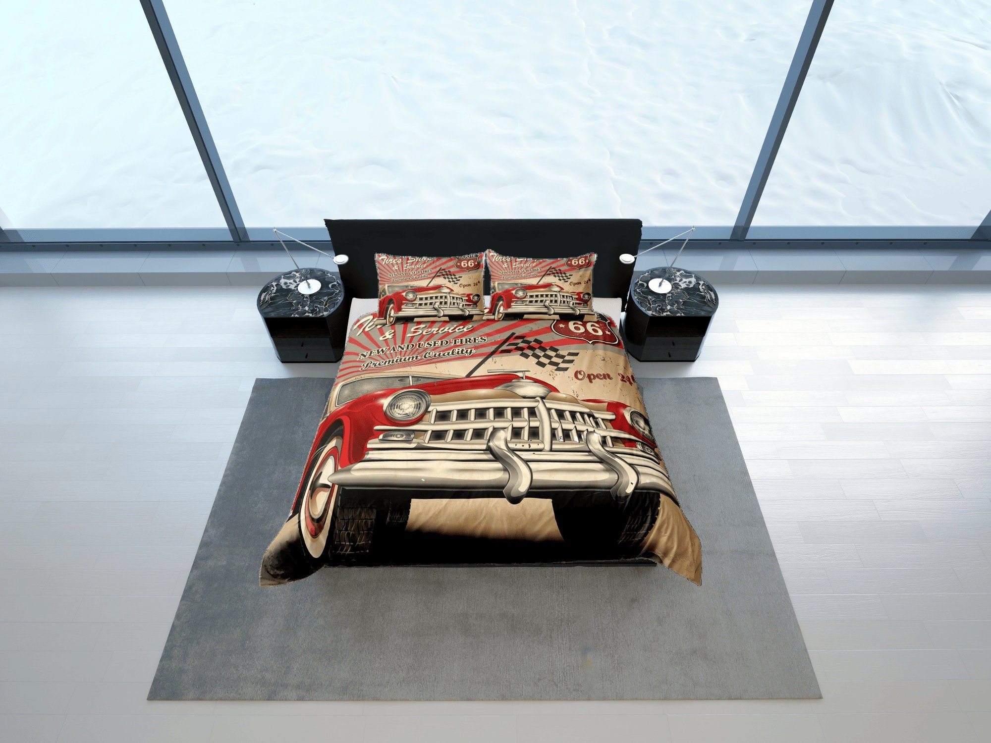 Vintage Car Duvet Cover, Custom Size, Retro Bedding, Route 66 Design ...