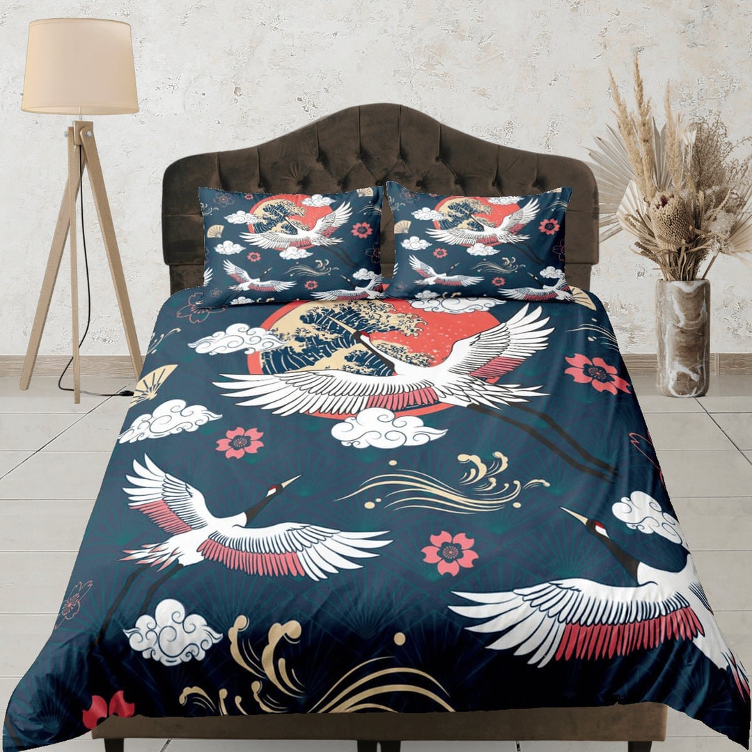 Japanese Crane Duvet Cover, Asian Bedding, Crane Bird Bedding Set ...