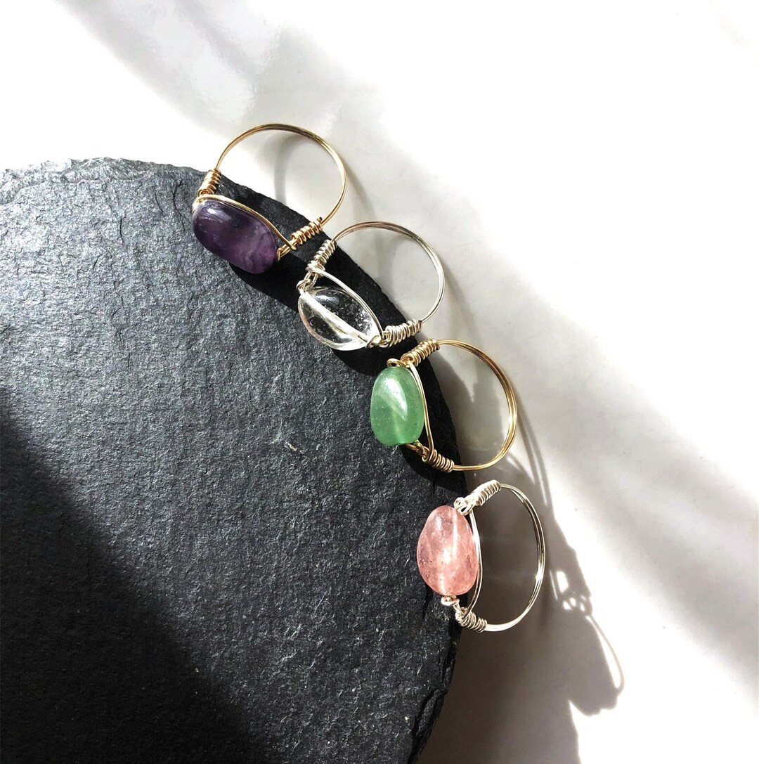 Hand-wound Irregular Natural Stone Ring, 14K Gold-plated or Silver ...