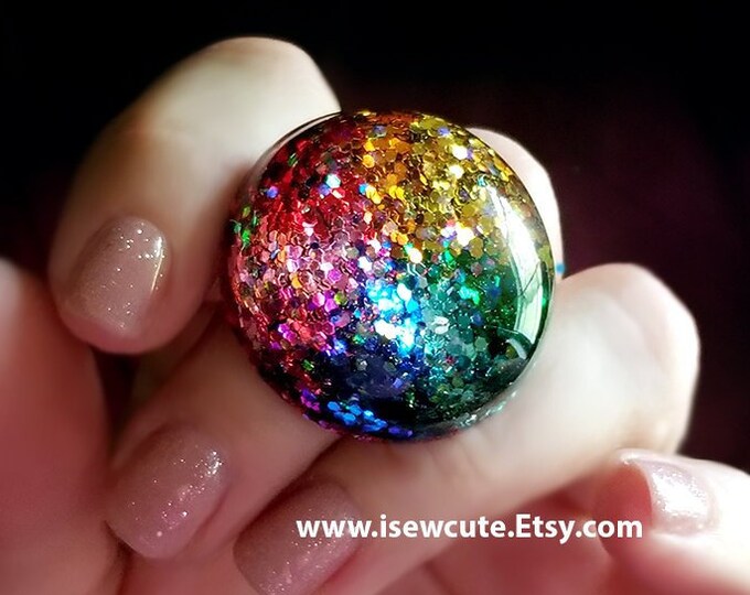 Rainbow Sparkle Gradient Ring, Huge Colorful Rainbow Resin Statement ...