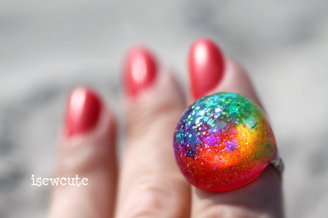 Jewelry Ring Colorful Rainbow Neon Glittery Resin Dayglow Bubble Fairy ...