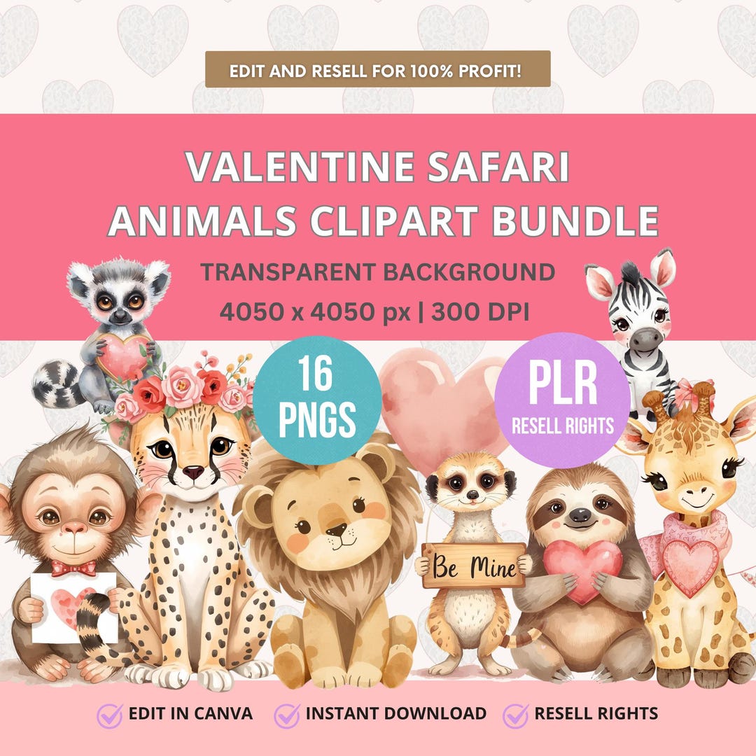 Valentine Safari Animals Clipart Bundle With PLR/MRR Rights | Canva ...