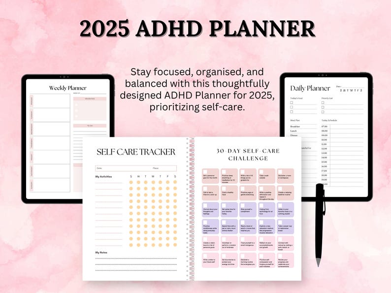 ADHD Digital Planner PLR, 2025 Printable Diary, Mental Health Journal ...