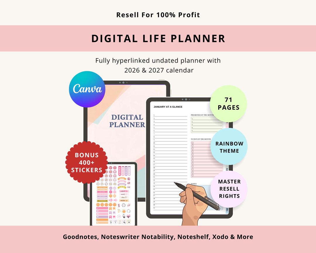 Rainbow Digital Planner | Hyperlinked, Undated | Canva Template (PLR ...
