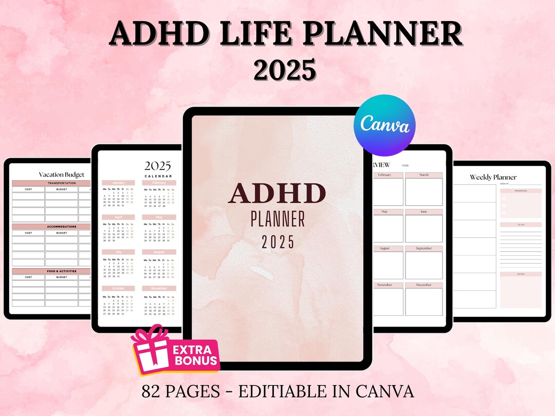 ADHD Digital Planner PLR, 2025 Printable Diary, Mental Health Journal ...