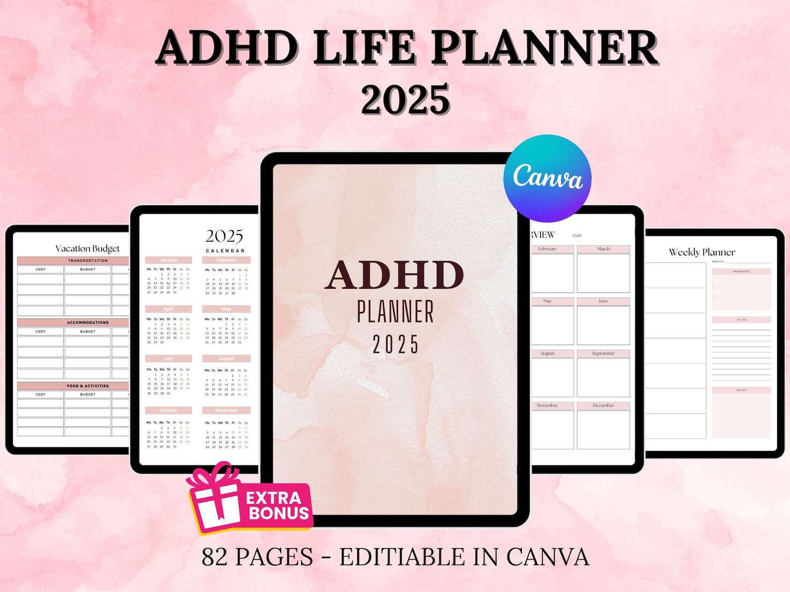 ADHD Digital Planner PLR, 2025 Printable Diary, Mental Health Journal ...