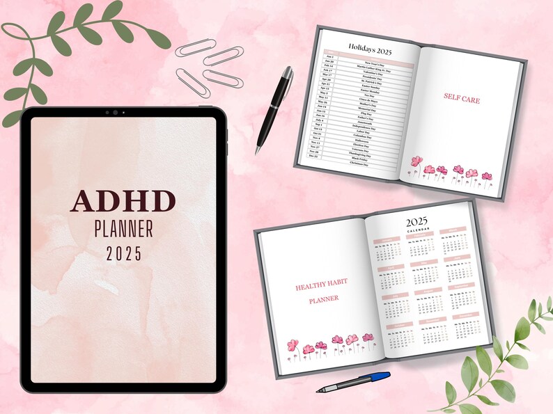 ADHD Digital Planner PLR, 2025 Printable Diary, Mental Health Journal ...