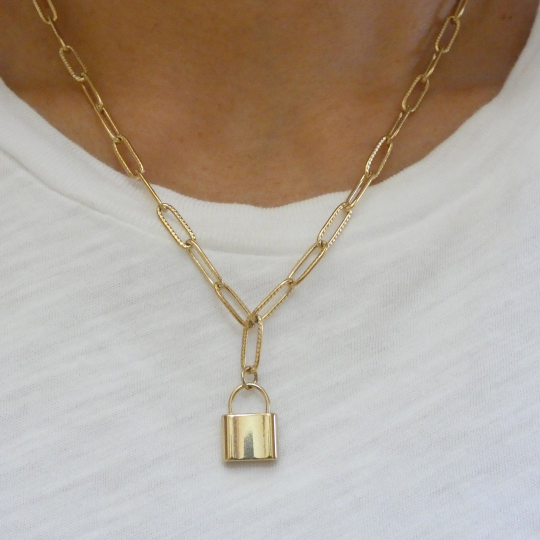 Padlock Necklace, Lock Necklace, Gold Lock Necklace, Paperclip Necklace ...