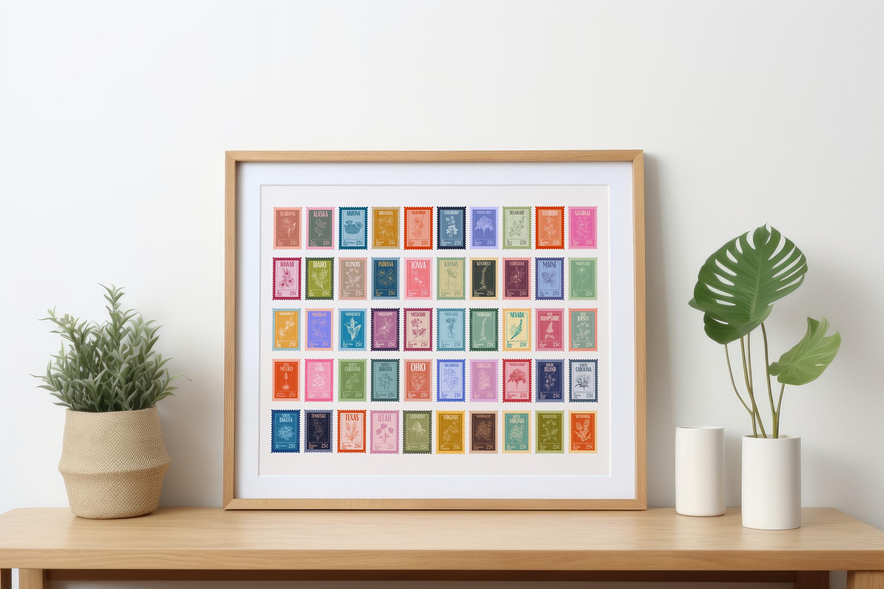 US State Flower, Vintage Stamp Wall Art, Floral Art Decor, Botanical ...
