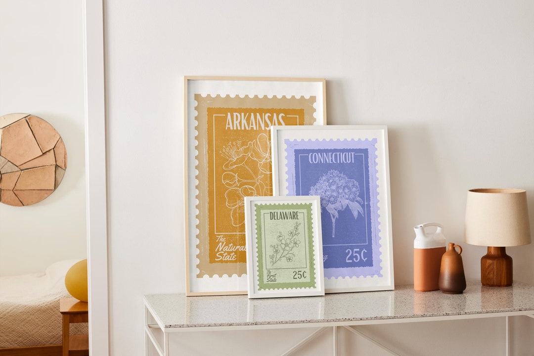 US State Flower, Vintage Stamp Wall Art, Floral Art Decor, Botanical ...