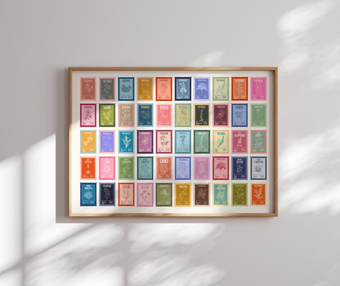 Physical Print, US State Flower, Vintage Stamp Wall Art, Floral Art ...