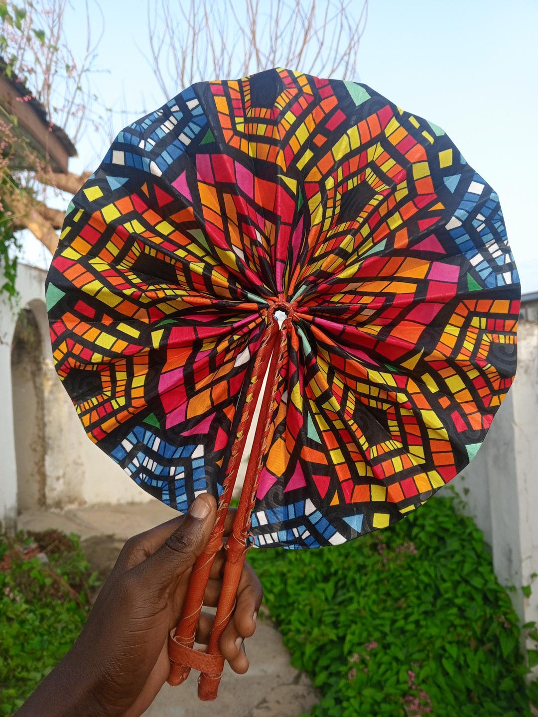 Hand Fan With Leather Handle| Ankara Fabric Hand Fan| Fabric Foldable ...