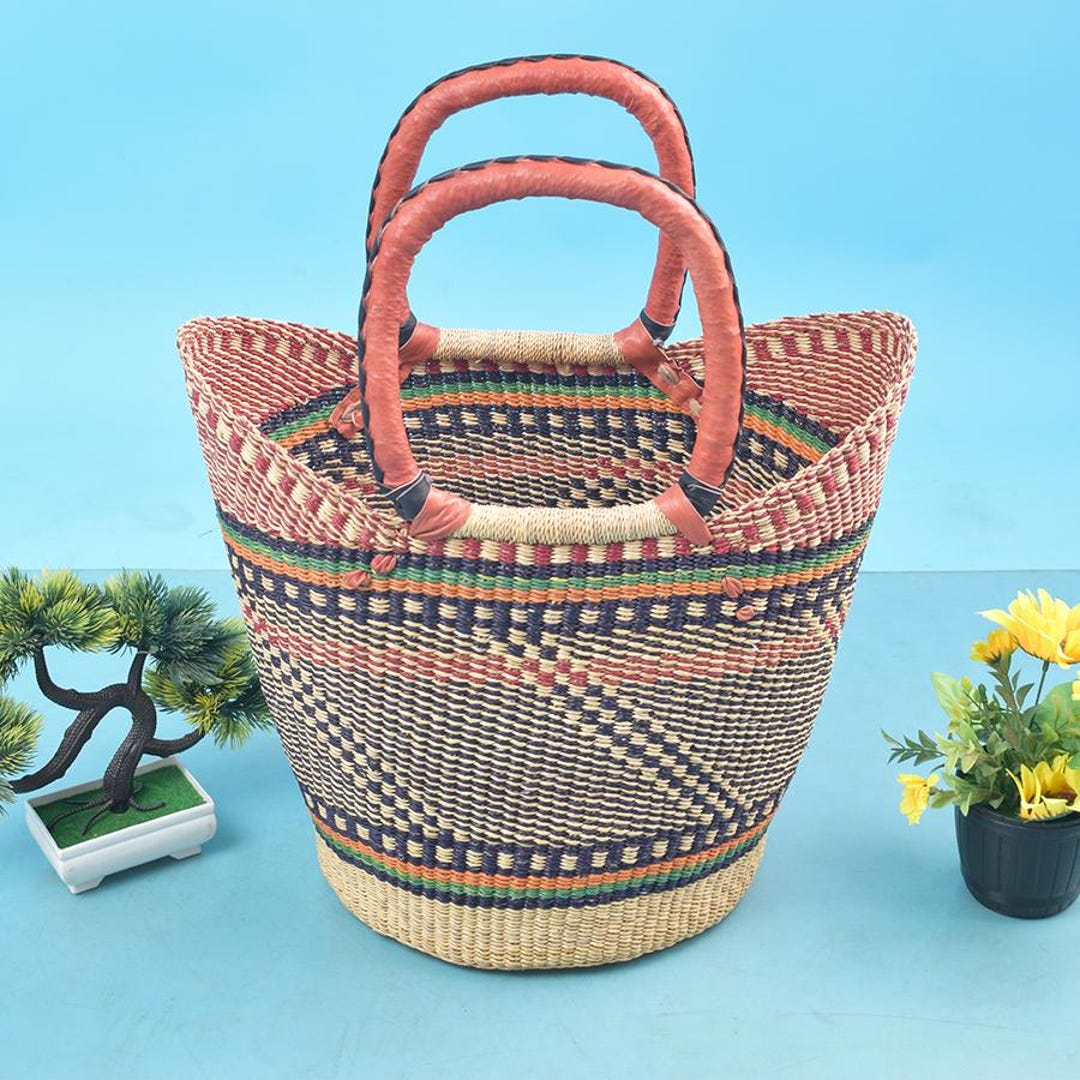Handwoven Shopping Basket| Colored-straw Basket| Bolga U-shopper Basket ...