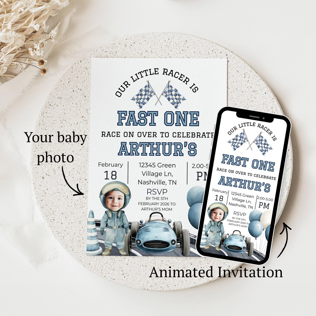 Fast One 1st Birthday Invitation, Little Racer Animated Video Invite ...