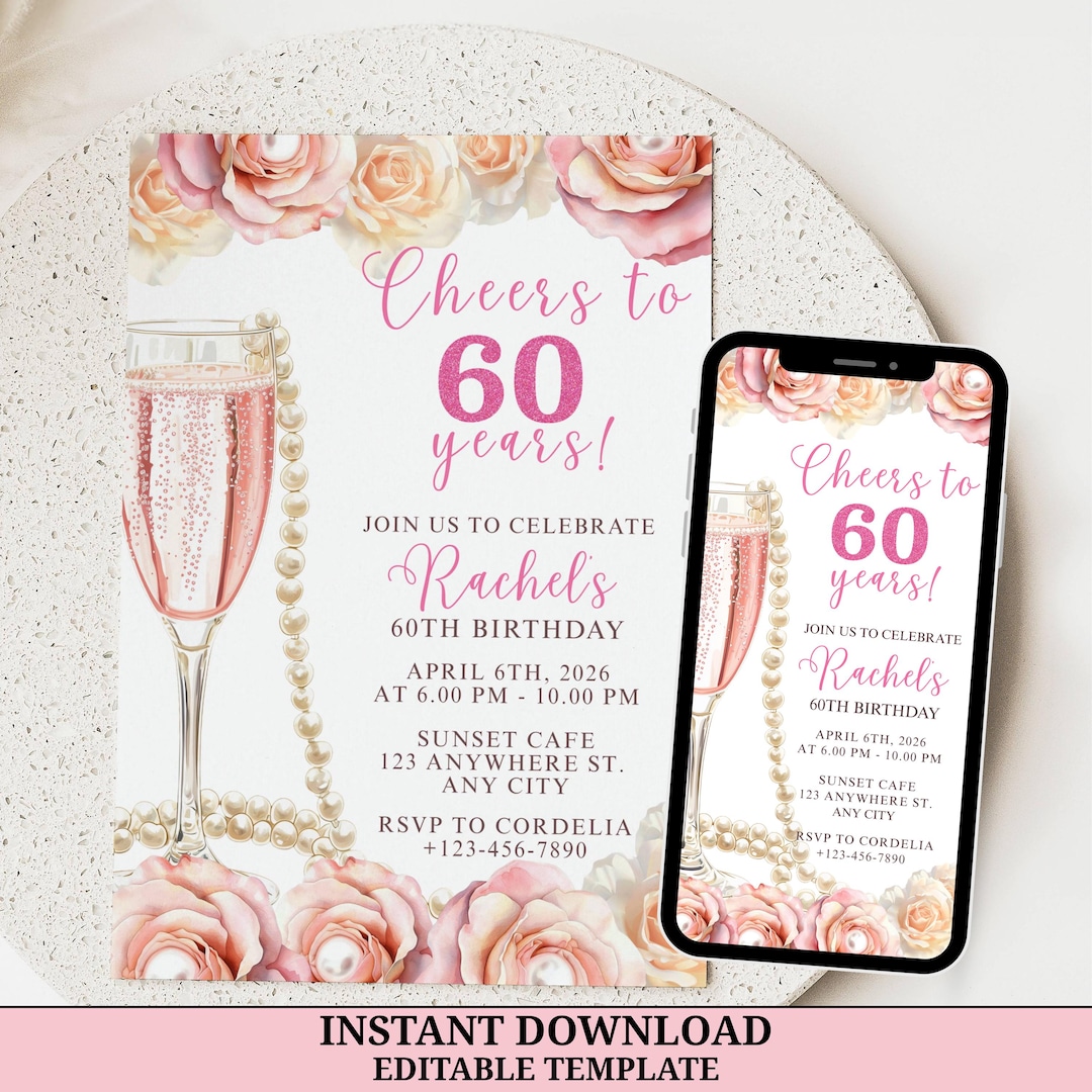 60th Birthday Invitation Template Editable in Canva, Champagne Birthday ...