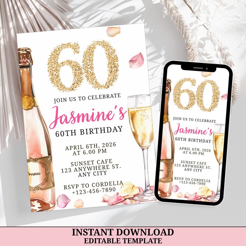 60th Birthday Invitation Template Editable in Canva, Gold Champagne ...