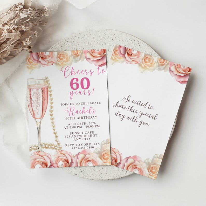 60th Birthday Invitation Template Editable in Canva, Champagne Birthday ...