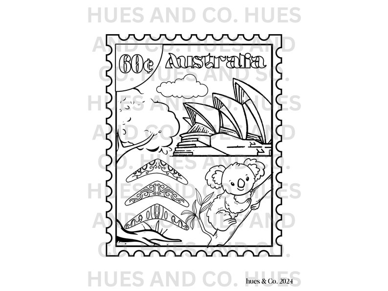 Coloring Page Stamps Collection: Australia by Hues&co. Digital Printable Coloring Book for ...