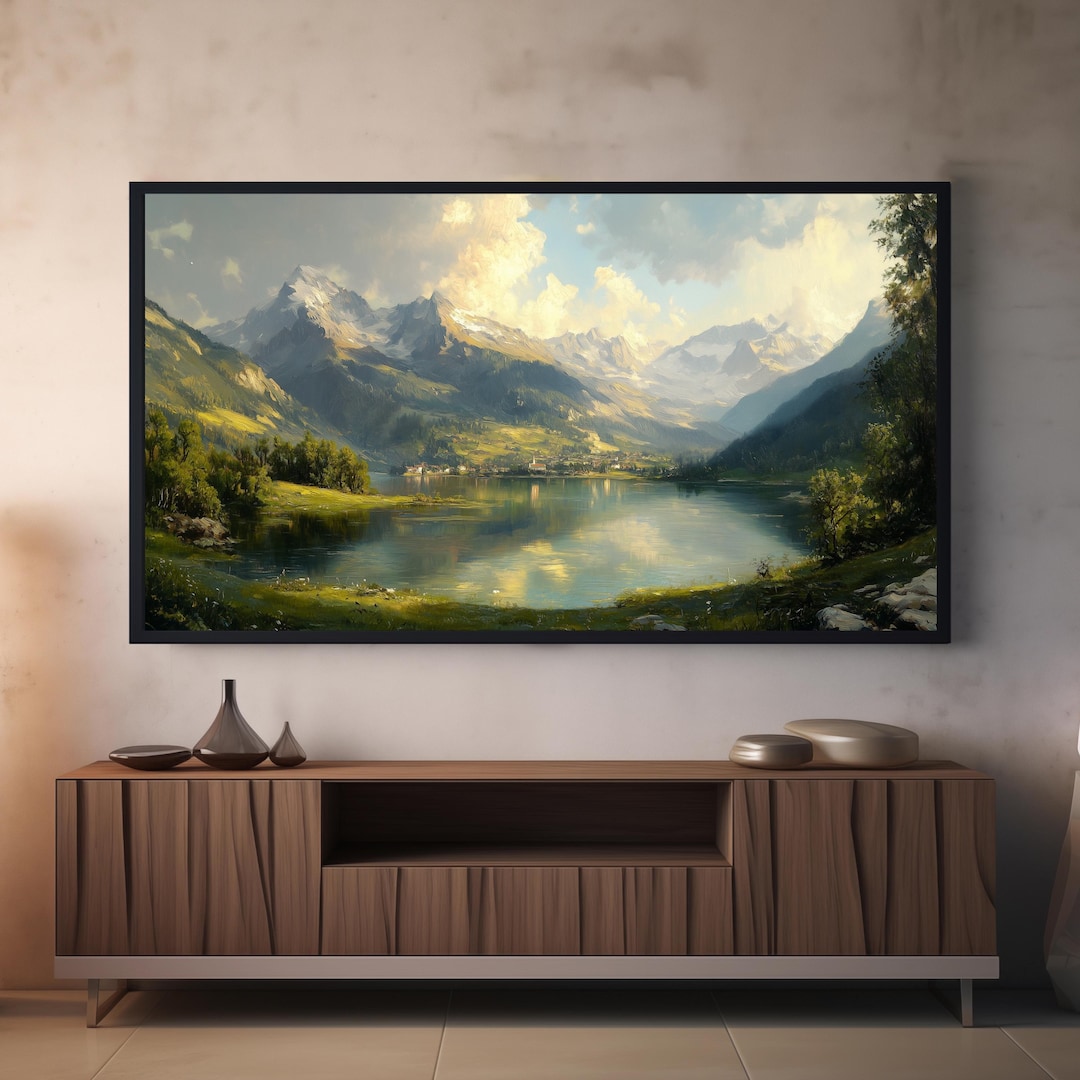 Swiss Alps Lake Scene, Frame TV Art, Scenic Landscape Painting (digital ...