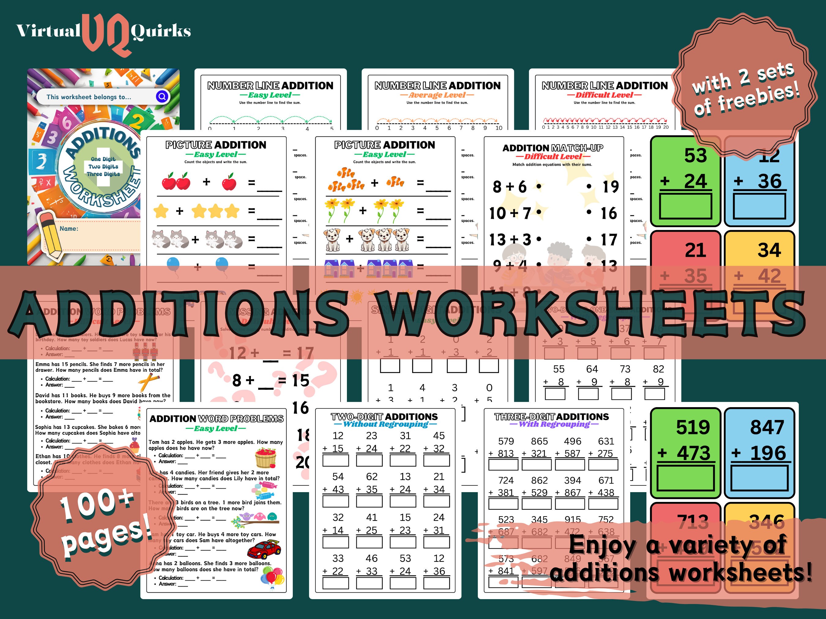 Addition Worksheet Printable One-digit, Two-digit, Three-digit ...